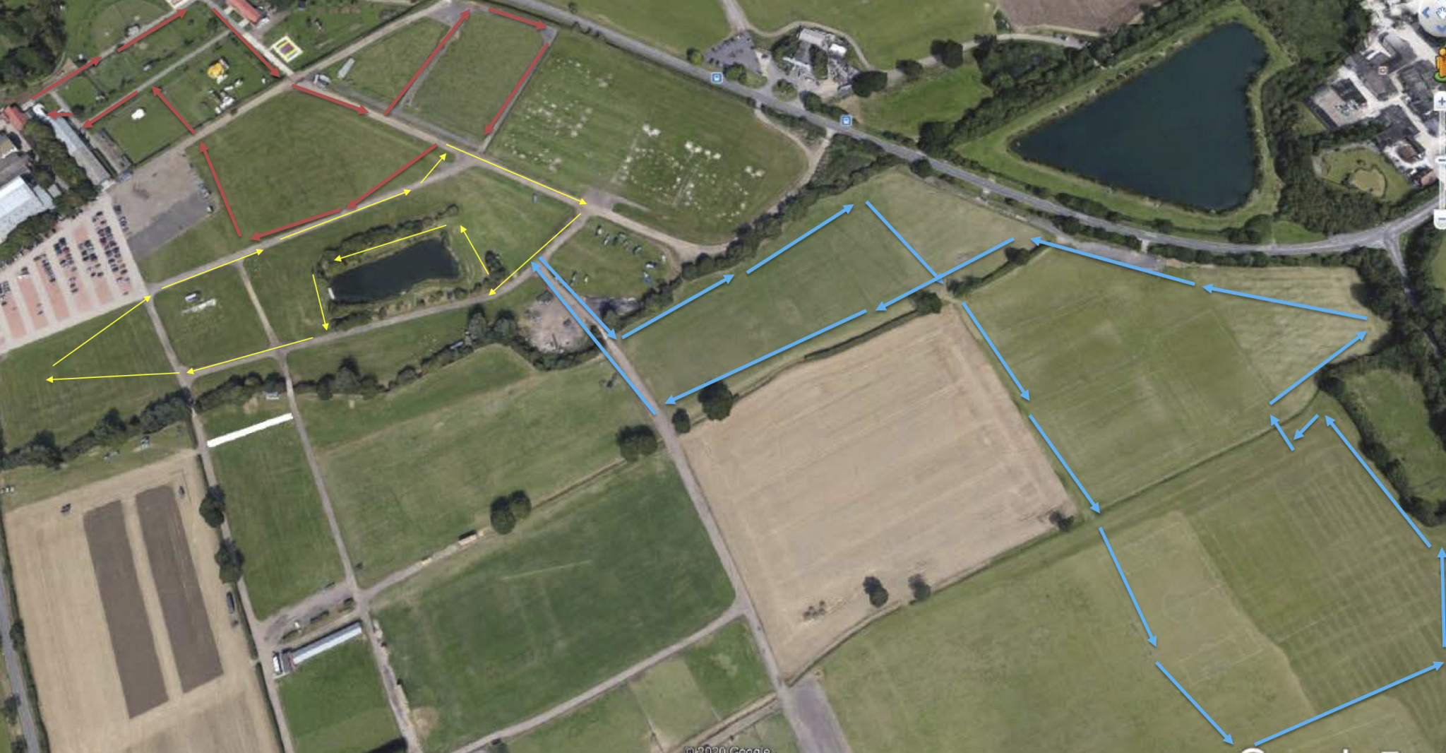 Red, Yellow, and Blue Farm Trails Map June 2020 - Barleylands